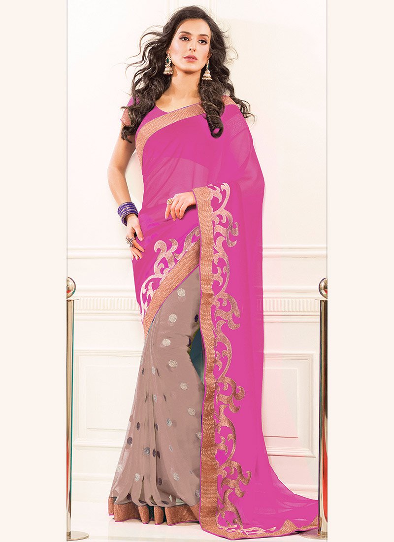 Pink Faux Chiffon Half And Half Saree