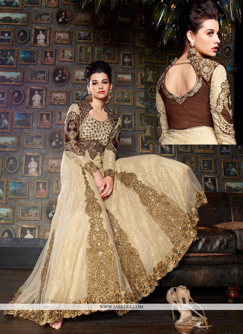 Cream Net And Jacquard Designer Gown