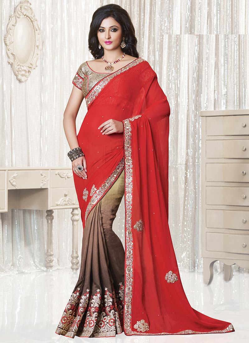 Red Faux Chiffon Half And Half Saree