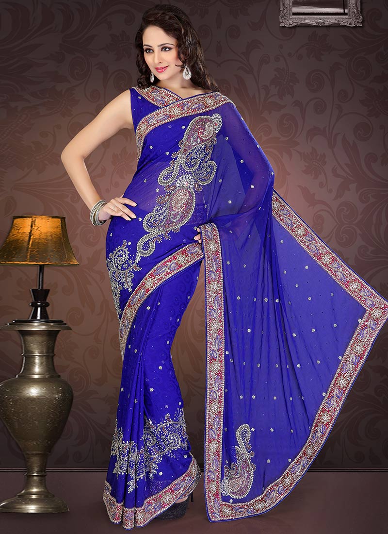 Blue Faux Chiffon Stone Work Saree
