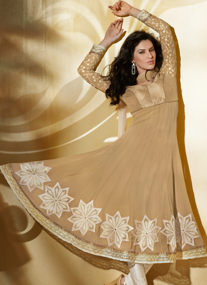 Cream Resham Work Churidar Kameez