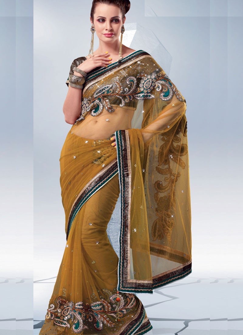 Seductive Brown Color Net Saree