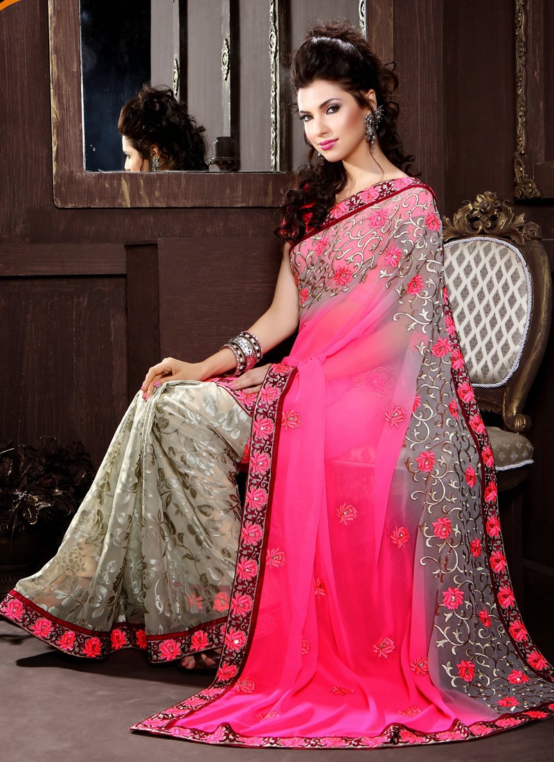 Pink Flower Half And Half Saree