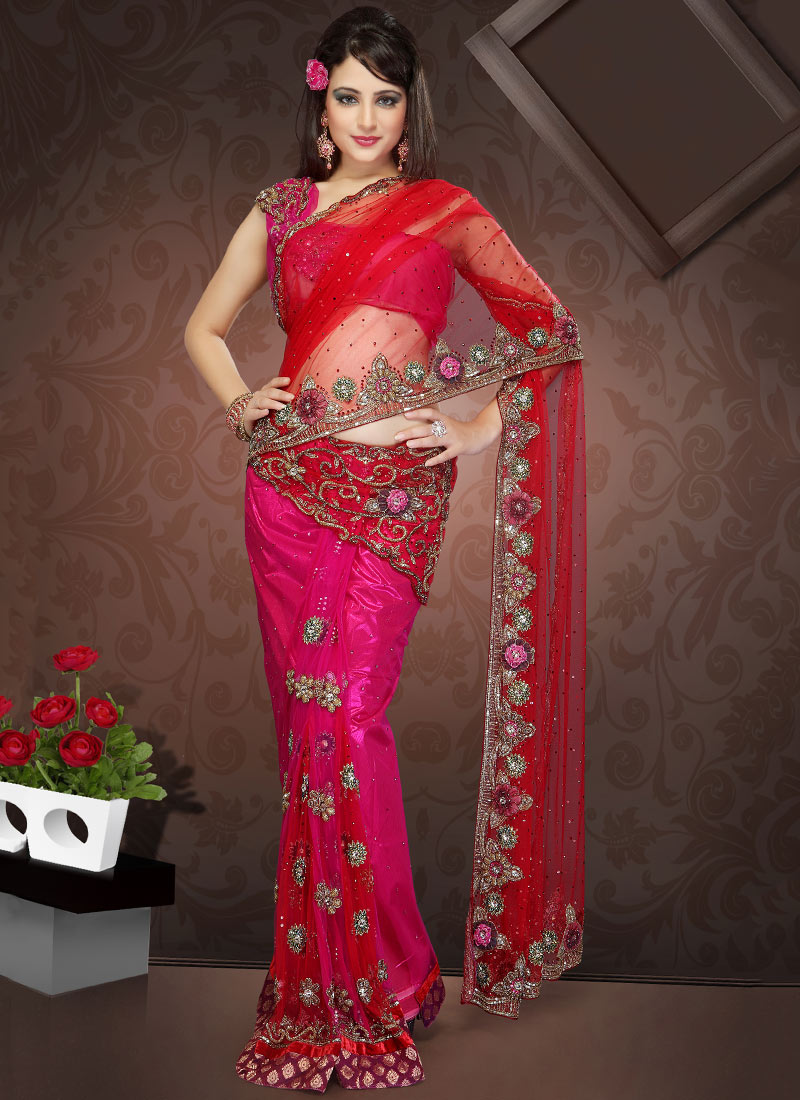 Red and Pink Net Lehenga Style Saree