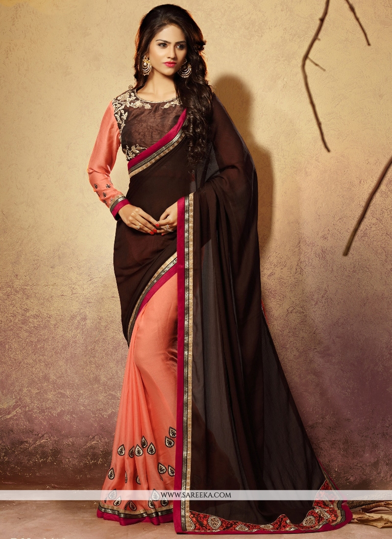 Fancy Fabric Brown Embroidered Work Designer Saree
