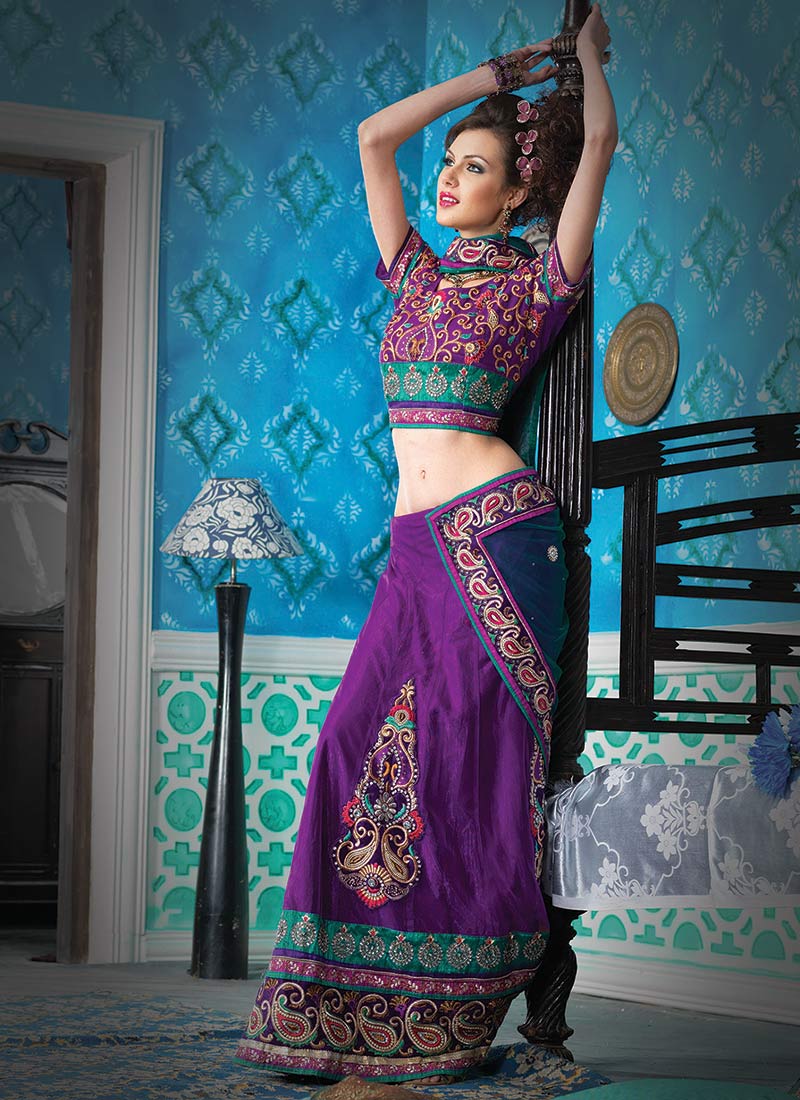 Violet Net Lehenga Style Saree