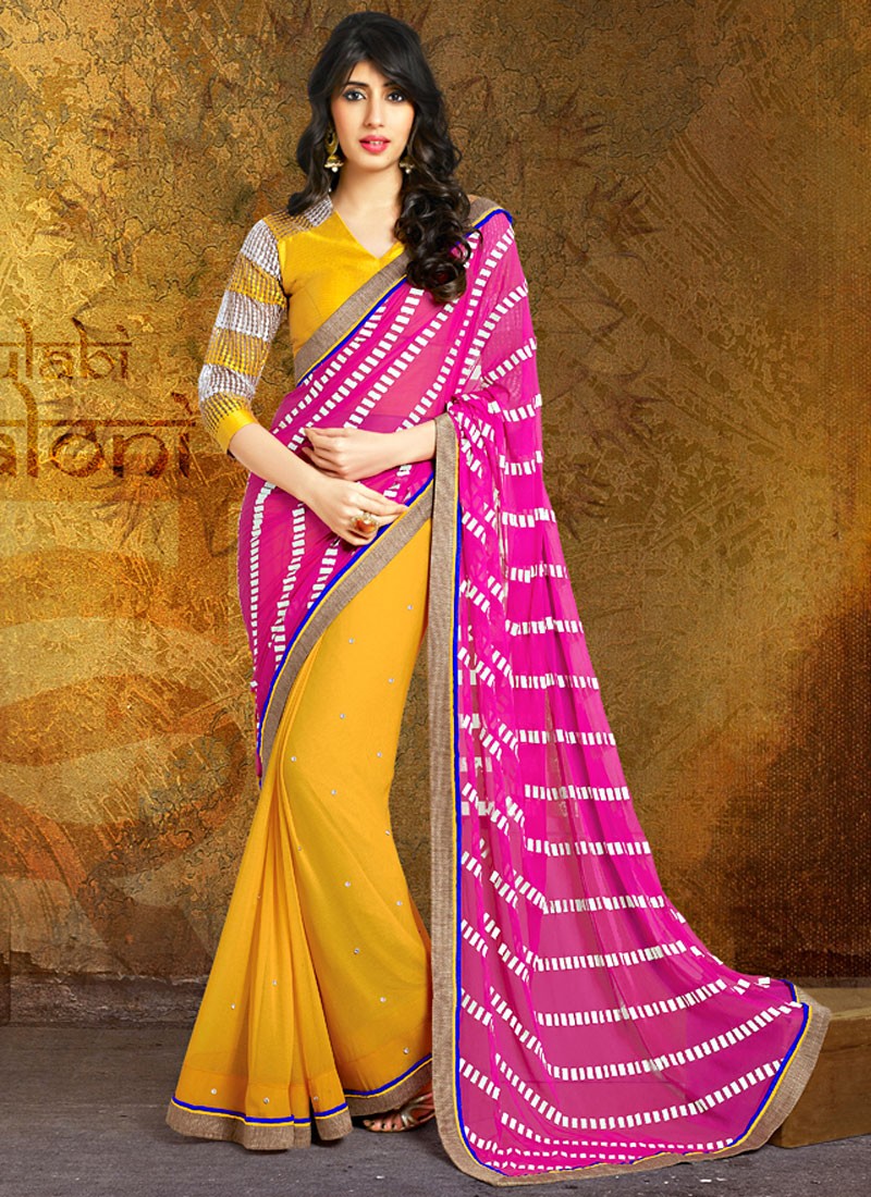 Yellow And Magenta Color Printed Half And Half Saree