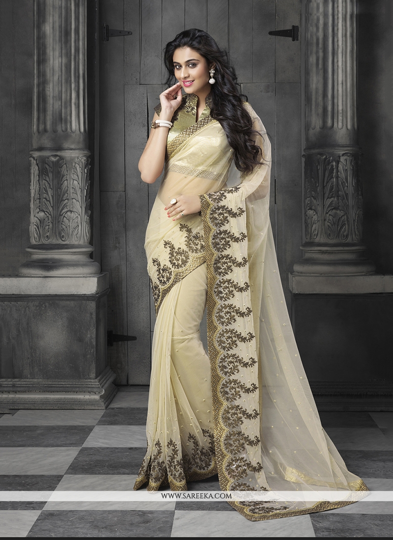 Beige Embroidered Work Net Classic Designer Saree