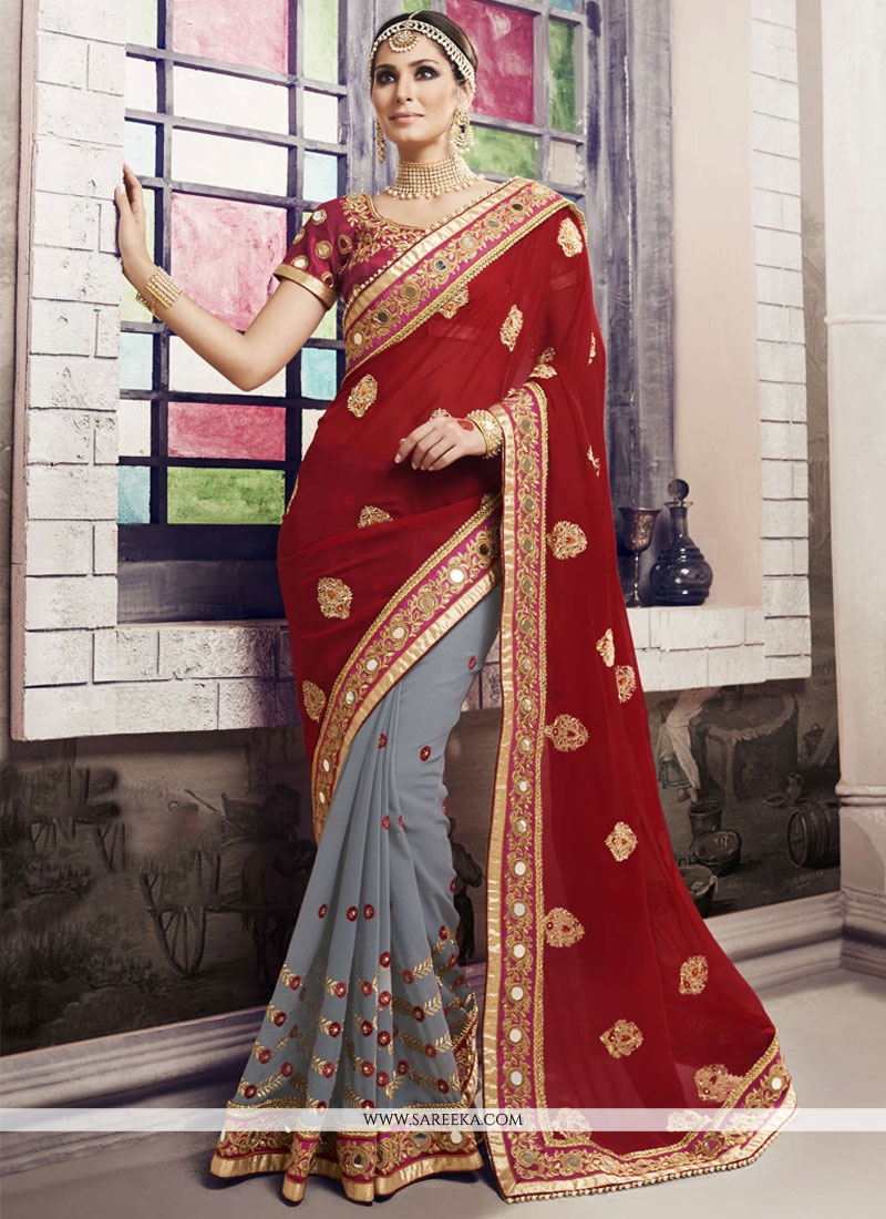 Buy Grey and Maroon Half N Half Designer Saree Online : USA, UK