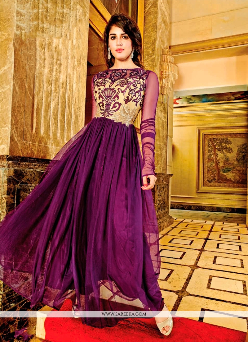 Resham Work Purple Net Anarkali Salwar Kameez