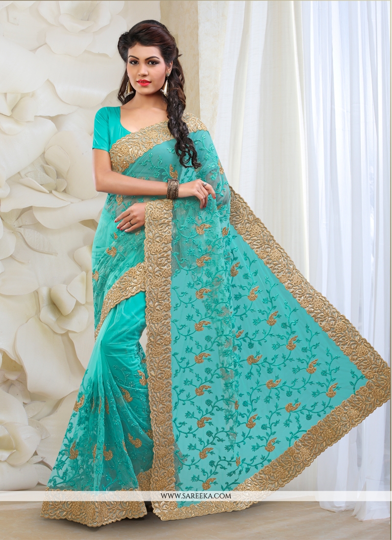 Turquoise Embroidered Work Net Classic Designer Saree
