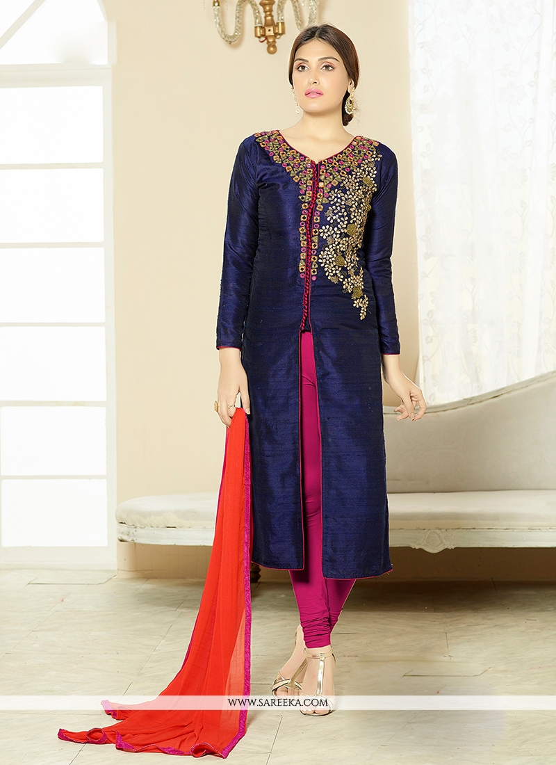 Buy Cotton Navy Blue Churidar Designer Suit Online : 45644