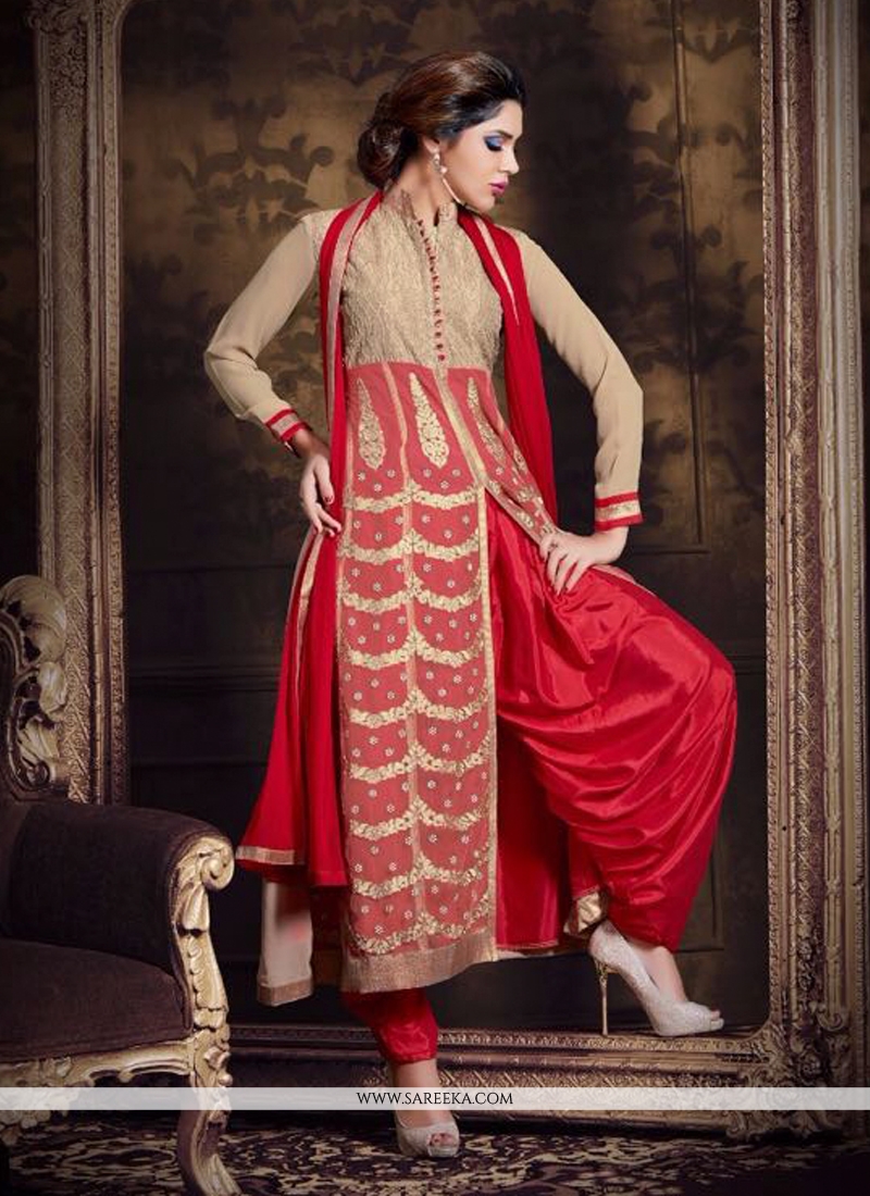 Embroidered Work Red Designer Suit