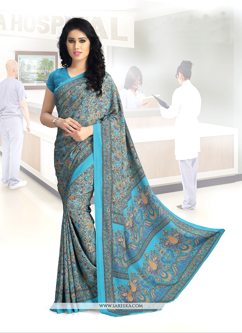 Print Faux Crepe Casual Saree in Grey