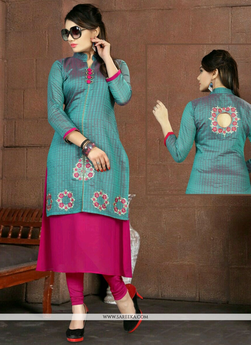 Buy Embroidered Work Blue Fancy Fabric Party Wear Kurti Online ...