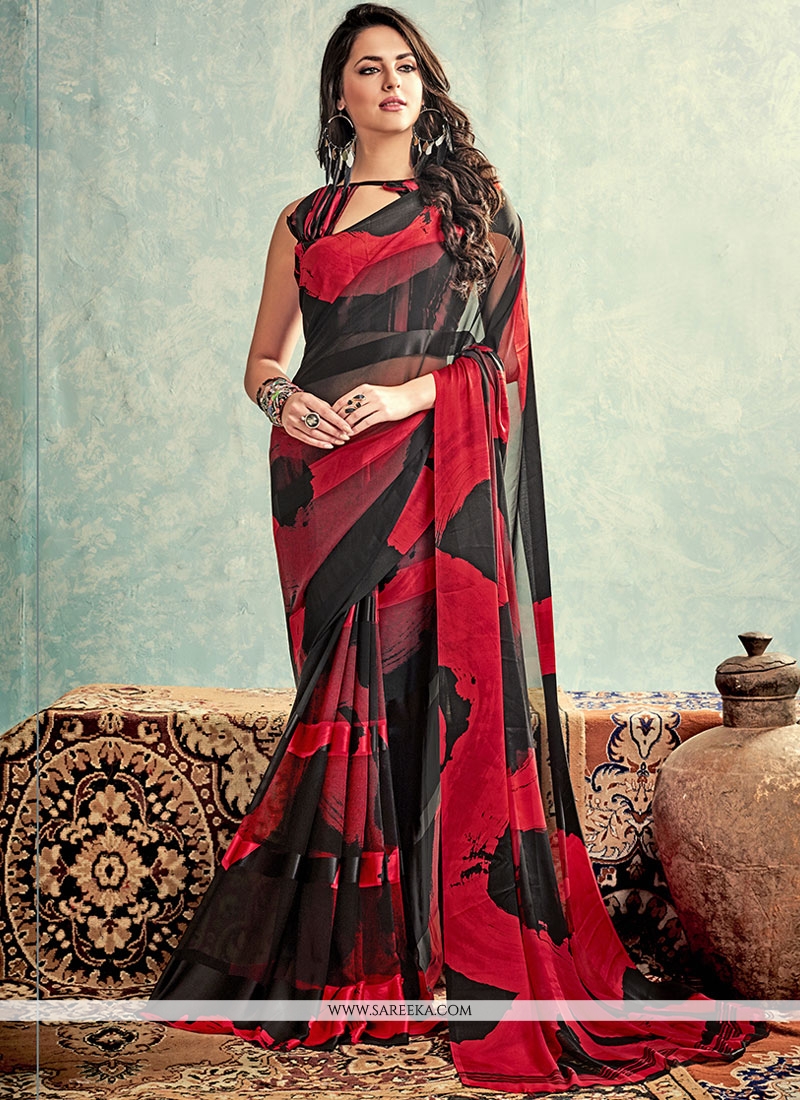 Buy Weight Less Black and Red Printed Saree Online at lowest price