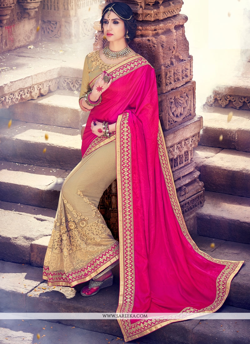 Buy Embroidered Work Beige and Hot Pink Fancy Fabric Half N Half ...