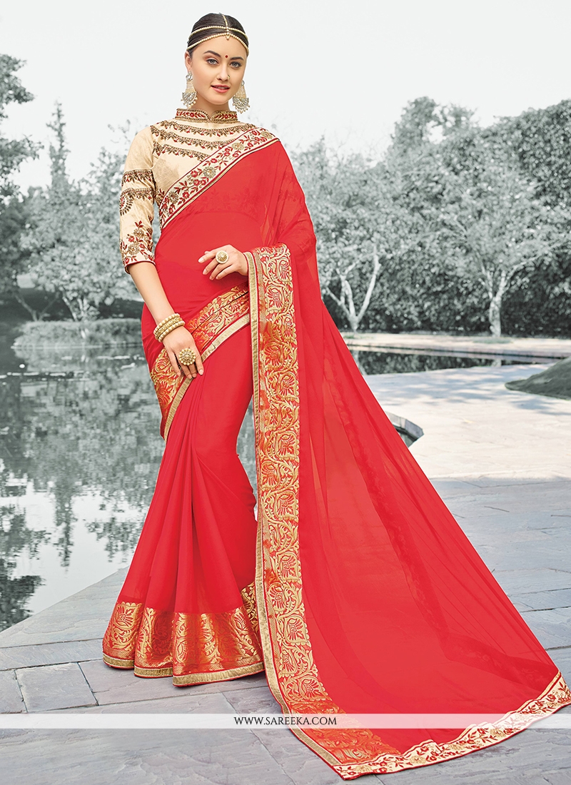 Buy Viscose Red Zari Work Classic Designer Saree Online : India