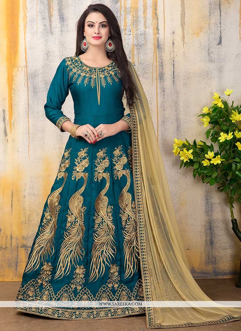 Buy Teal Designer Floor Length Suit Online : France