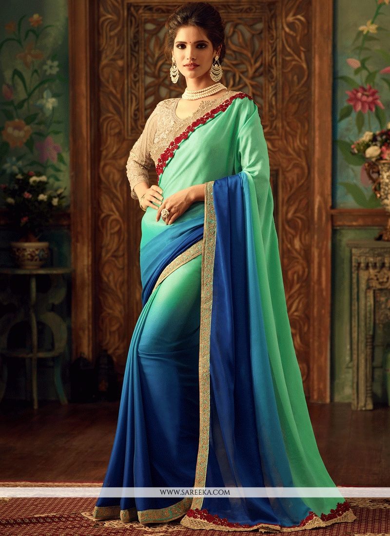 Buy Online Blue and Sea Green Shaded Saree : 66516