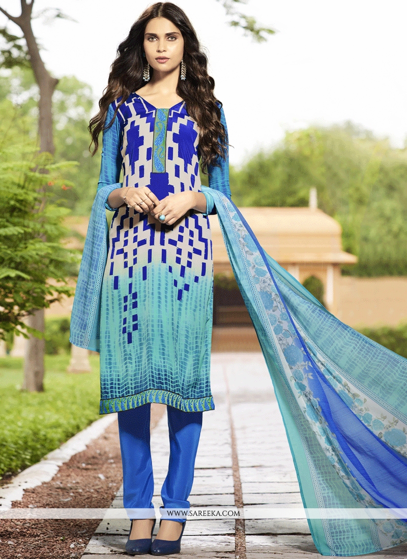 Shop Online Blue Embroidered Work Churidar Suit : 65543