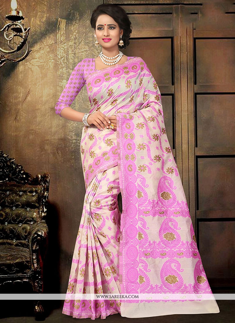 Buy Cotton Rose Pink Printed Saree Online : UAE
