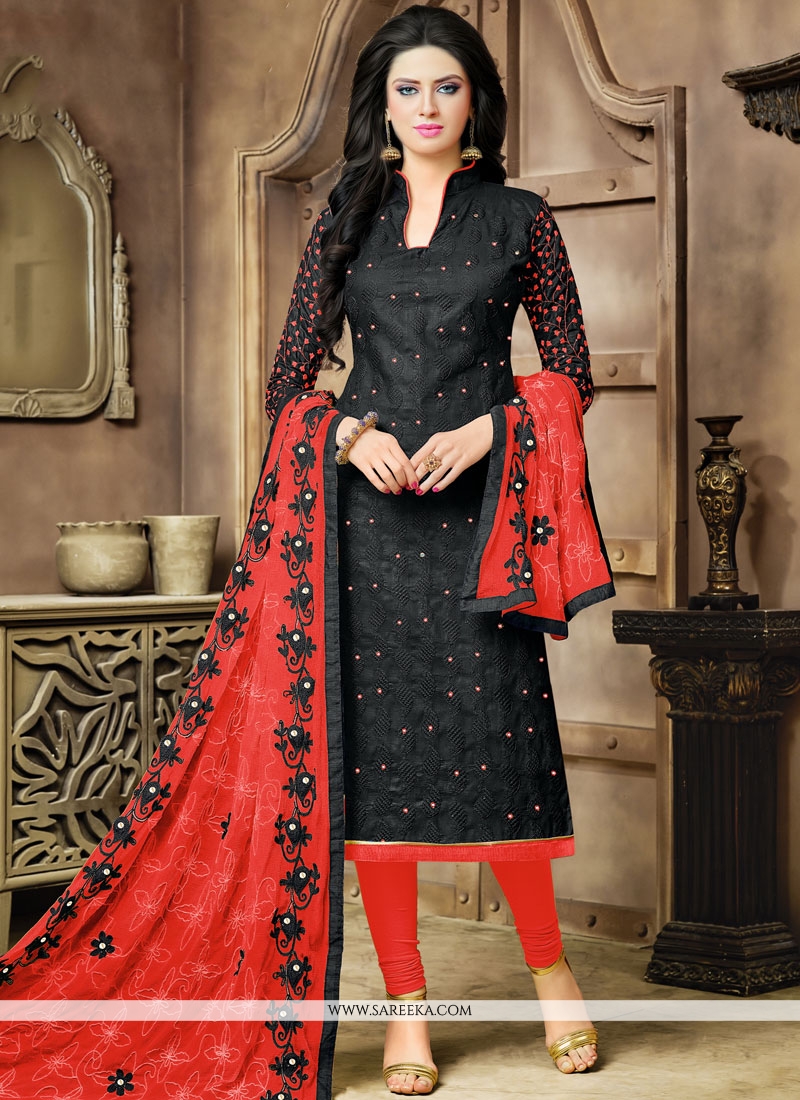 Buy Embroidered Cotton Churidar Designer Suit in Black Online : 58662