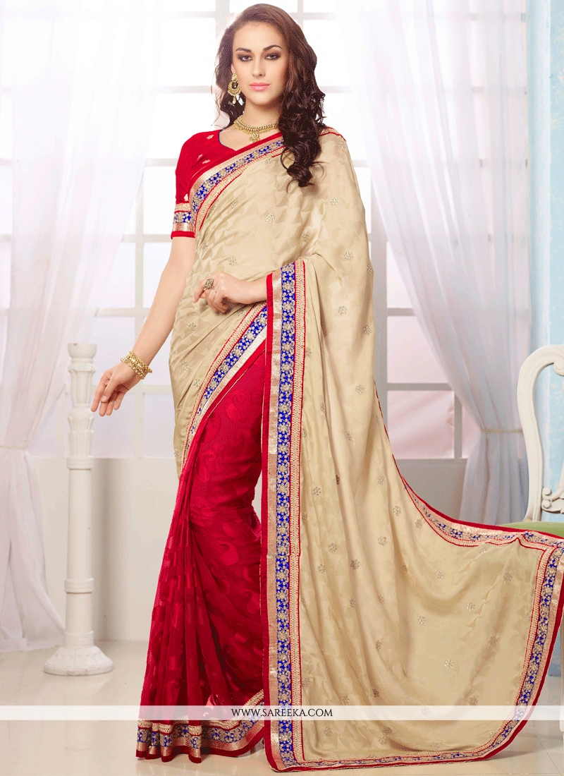 Buy Embroidered Satin Half N Half Designer Saree in Beige and Red : 64985