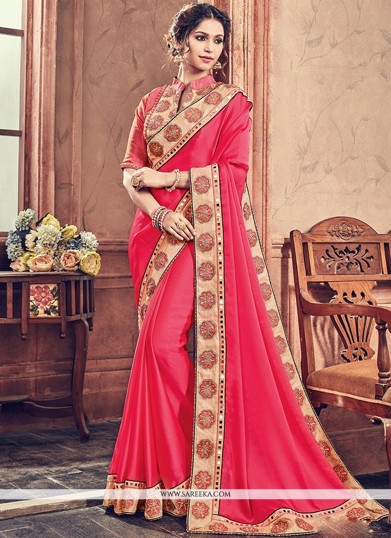 Shop Faux Georgette Hot Pink Designer Saree Online : 66435