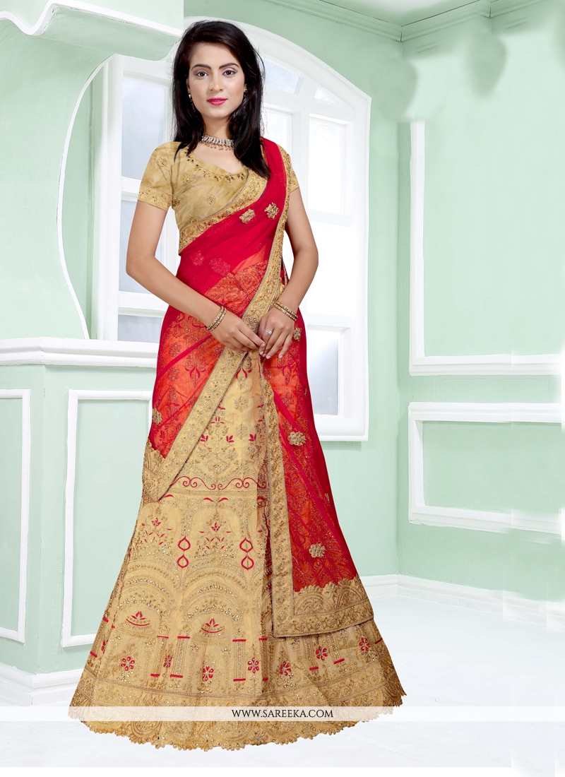 Buy Lace Work Beige and Red Lehenga Choli : 61904