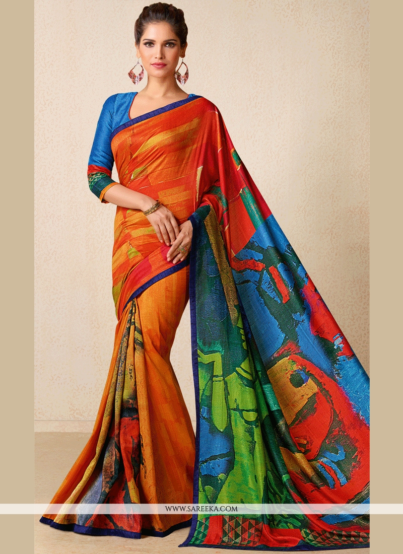 Buy Multi Colour Print Work Tussar Silk Printed Saree Online : Mauritius