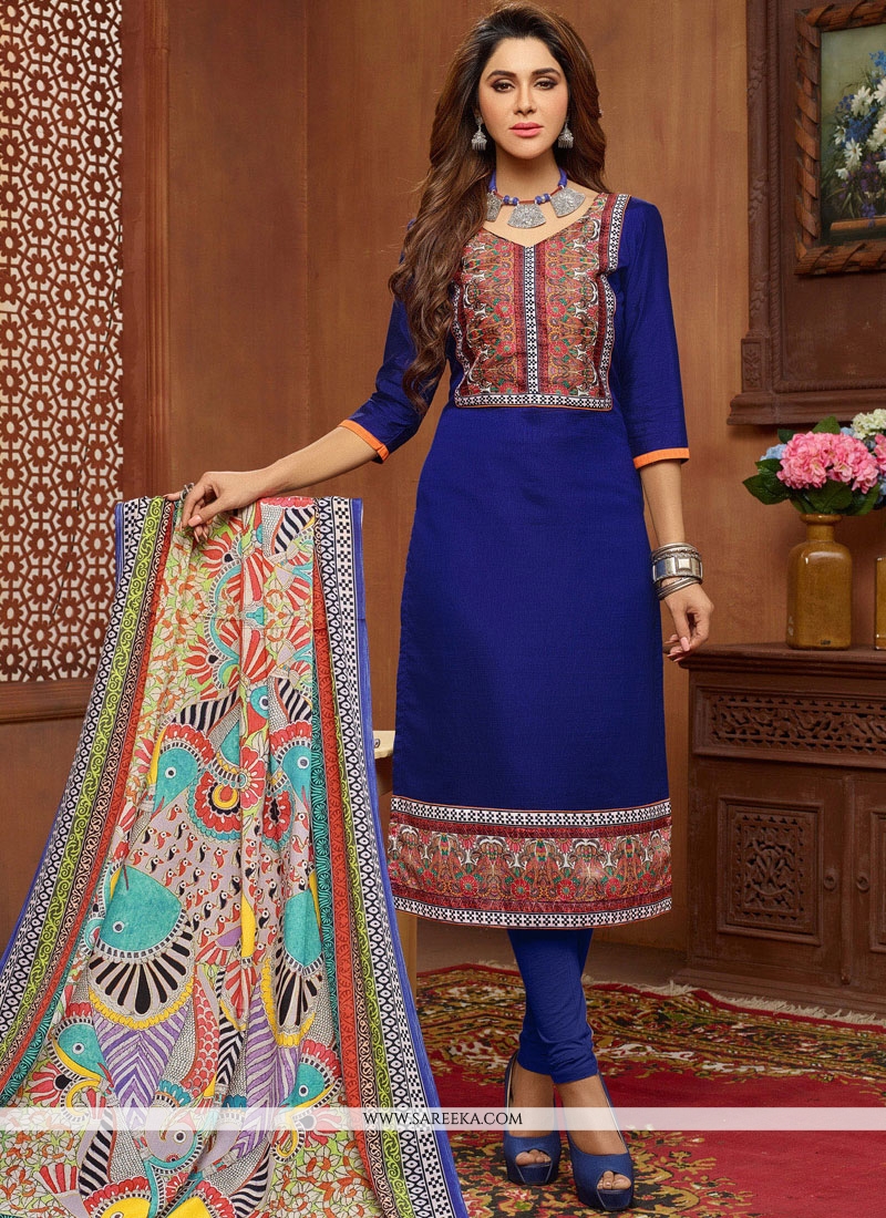 Buy Online Navy Blue Print Work Churidar Suit : 68484