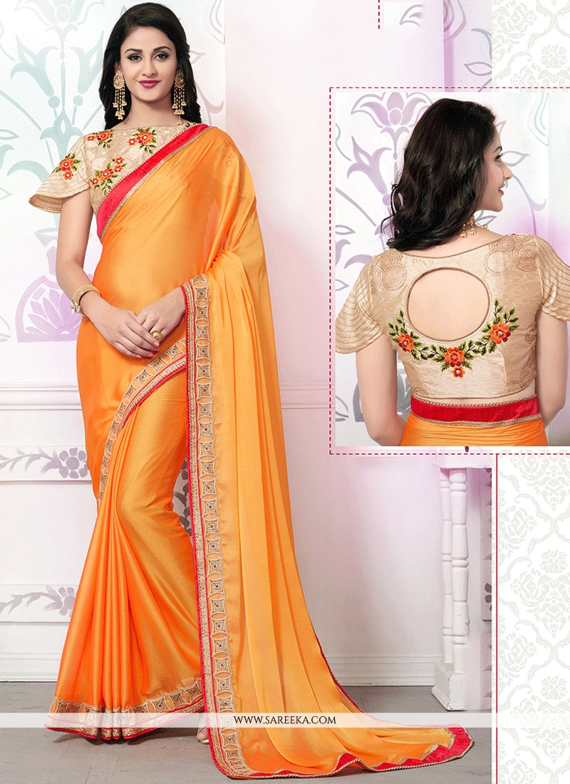 Shop Orange Patch Border Work Saree Online : 63489