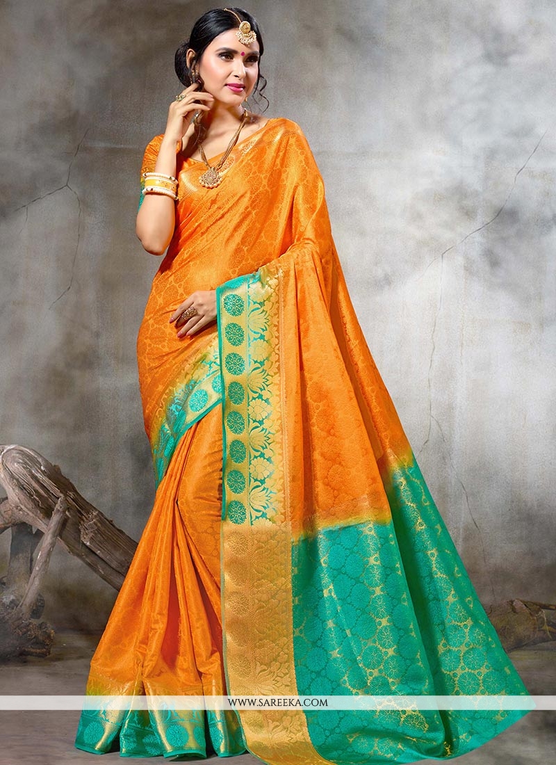 Orange Weaving Work Traditional Saree buy online