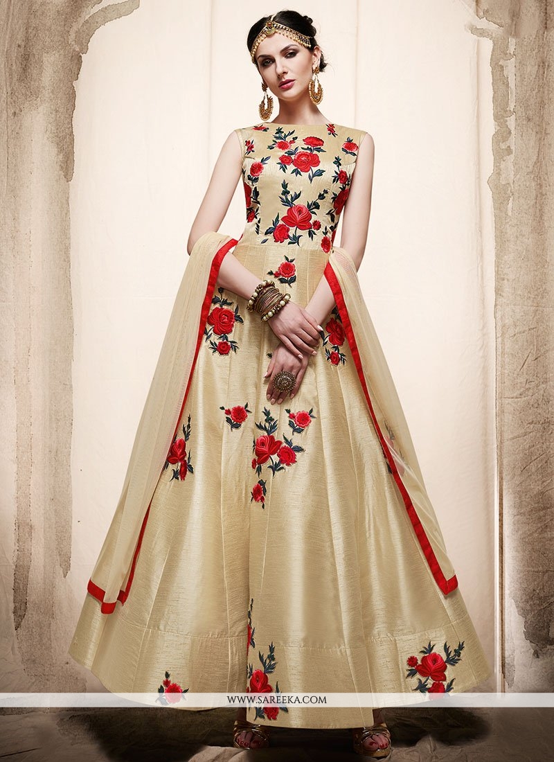 Buy Resham Art Silk Floor Length Anarkali Suit in Cream Online ...