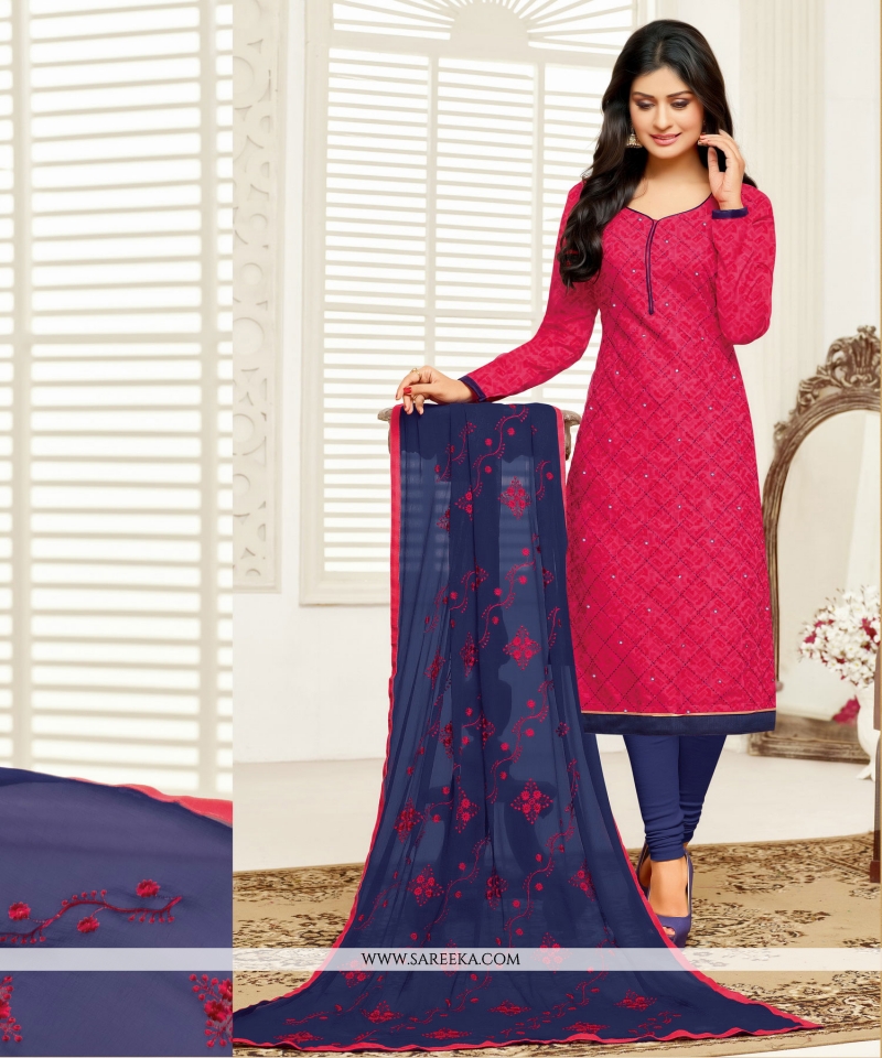 Shop Online Resham Work Cotton Navy Blue and Rani Churidar Designer ...