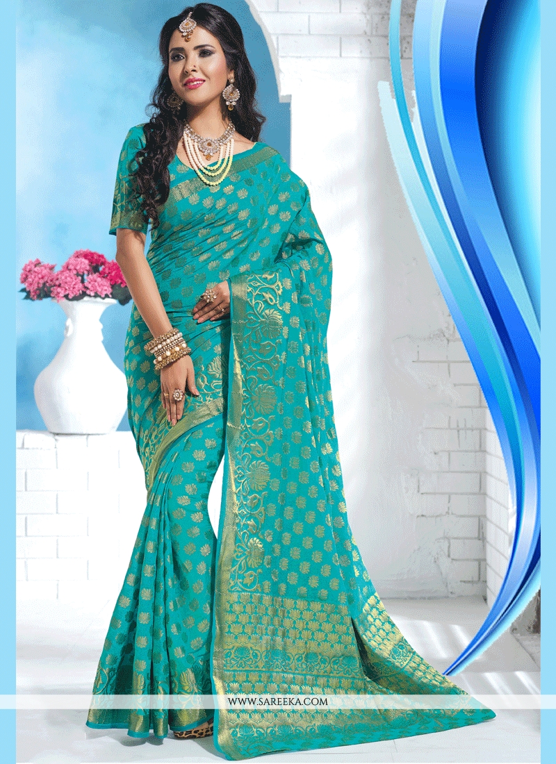 Buy Art Silk Sea Green Designer Traditional Saree Online : Singapore