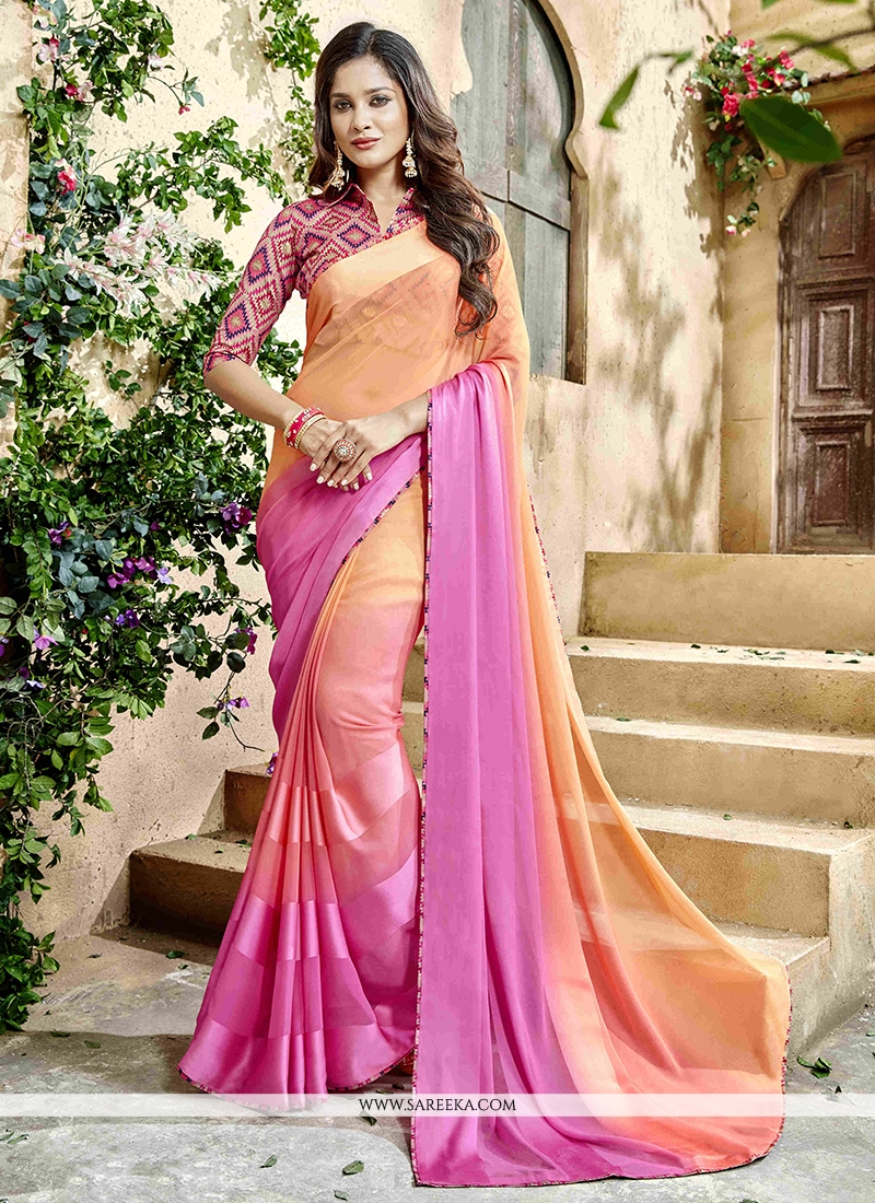 Buy Online Satin Peach and Pink Lace Work Shaded Saree : 63909