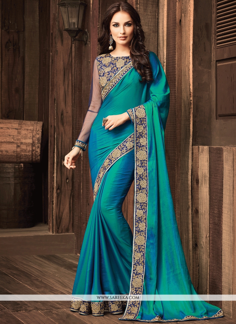 Satin Silk Embroidered Work Classic Designer Saree buy online