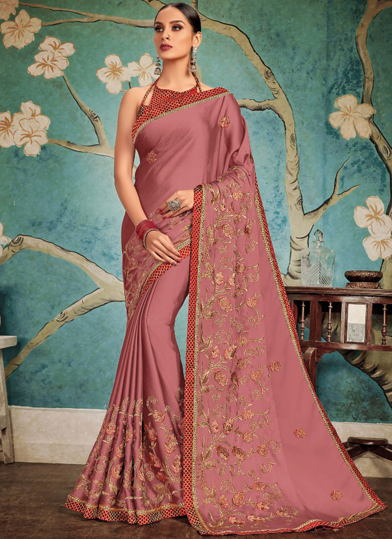 Buy Art Silk Mauve Embroidered Designer Traditional Saree Online : 94461