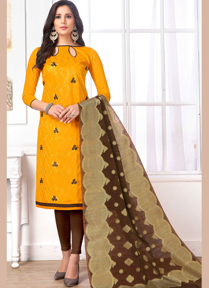 Buy Cotton Embroidered Yellow Churidar Salwar Kameez Online : 95292