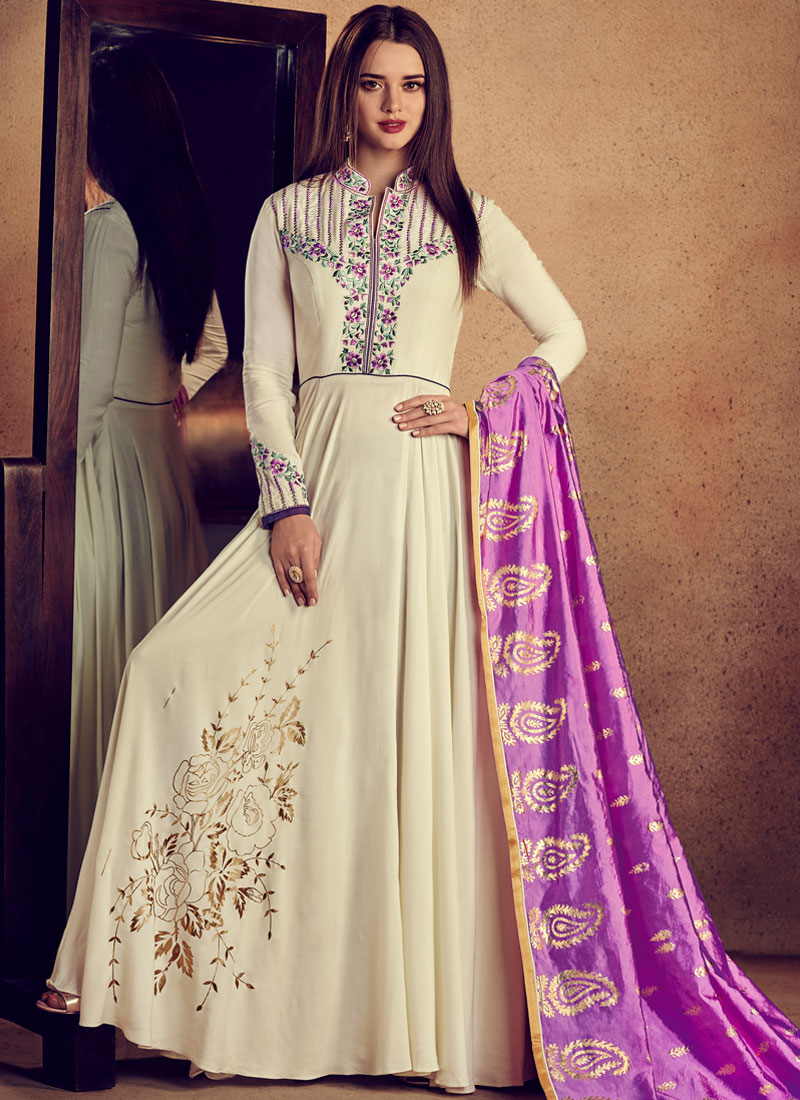 Buy Cream Embroidered Festival Floor Length Trendy Gown : 88623