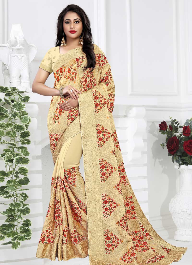 Cream Faux Georgette Resham Classic Saree buy online