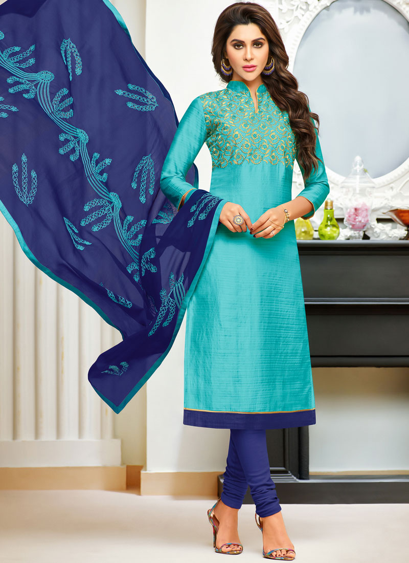 Embroidered Blue Churidar Suit buy online