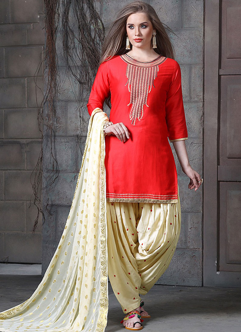 Buy Embroidered Cotton Designer Patiala Suit in Red : 92964