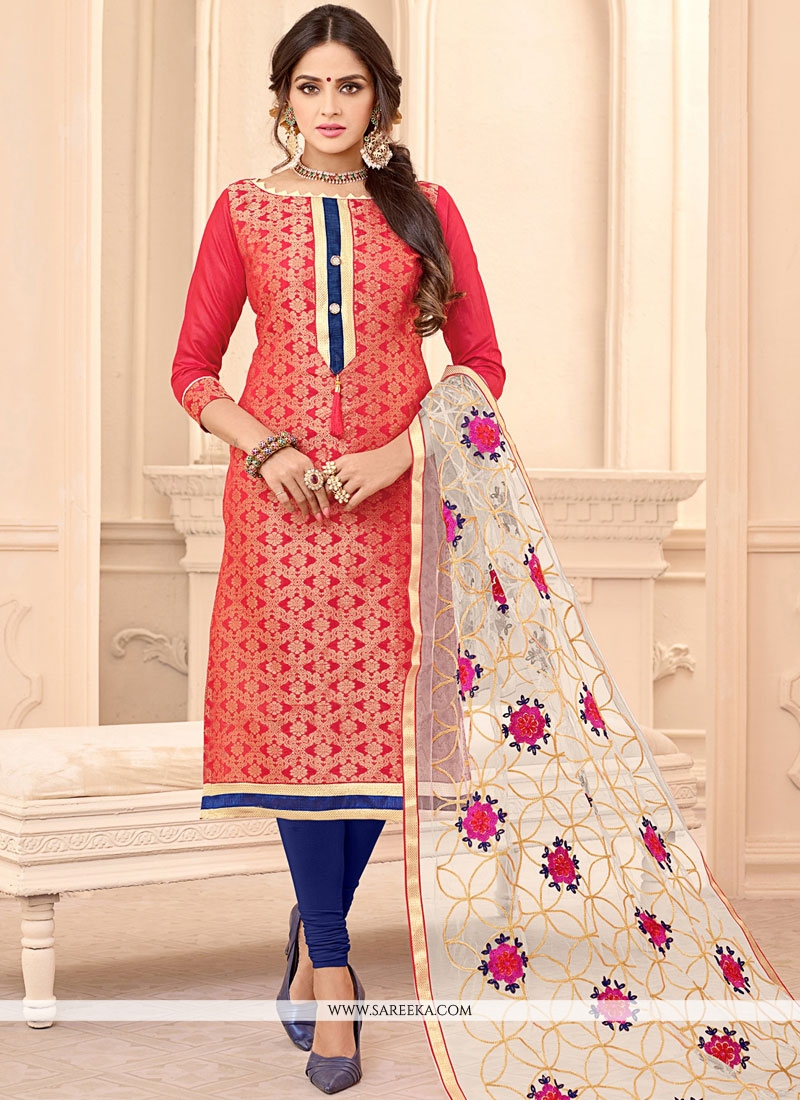Buy Embroidered Jacquard Churidar Suit in Red : 76817