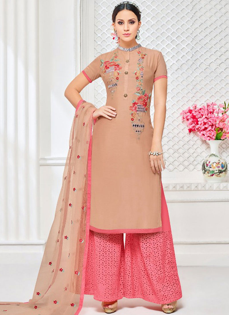 Shop Embroidered Work Beige Art Silk Designer Palazzo Suit Online : 81487