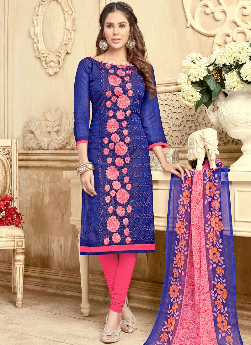 Buy Online Embroidered Work Blue Chanderi Churidar Suit : 78486