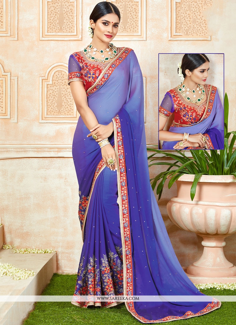 Faux Chiffon Embroidered Work Shaded Saree buy online