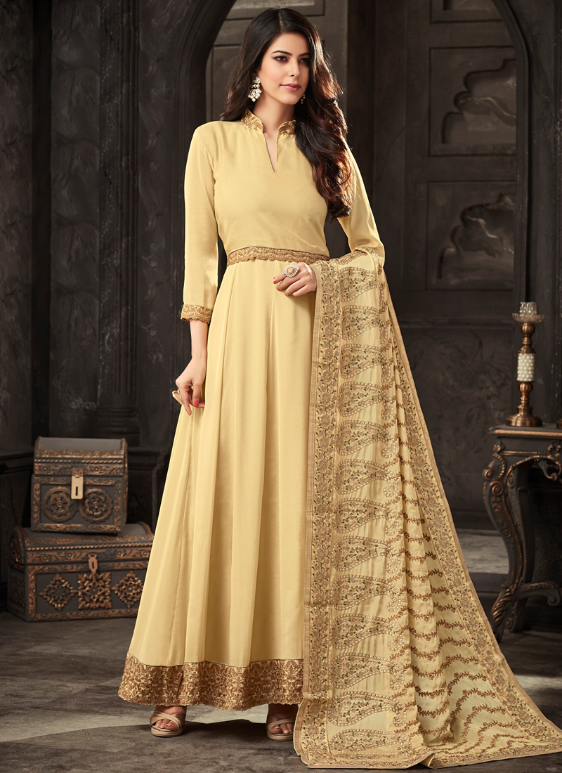 Shop Floor Length Anarkali Suit Embroidered Faux Georgette in Yellow ...